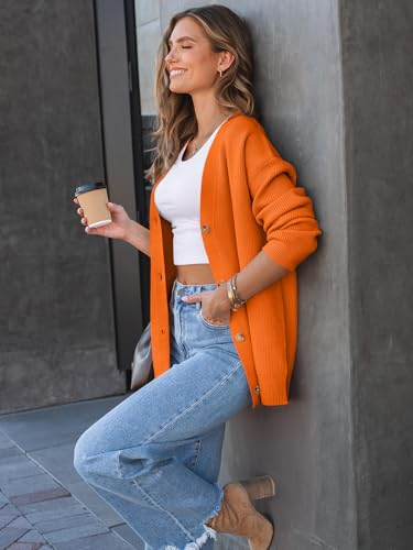 LILLUSORY Women Oversized Cardigan Sweater Fall Outfits Cloth Fashion V Neck Knit Button Front Casual Trendy Tops Orange Medium
