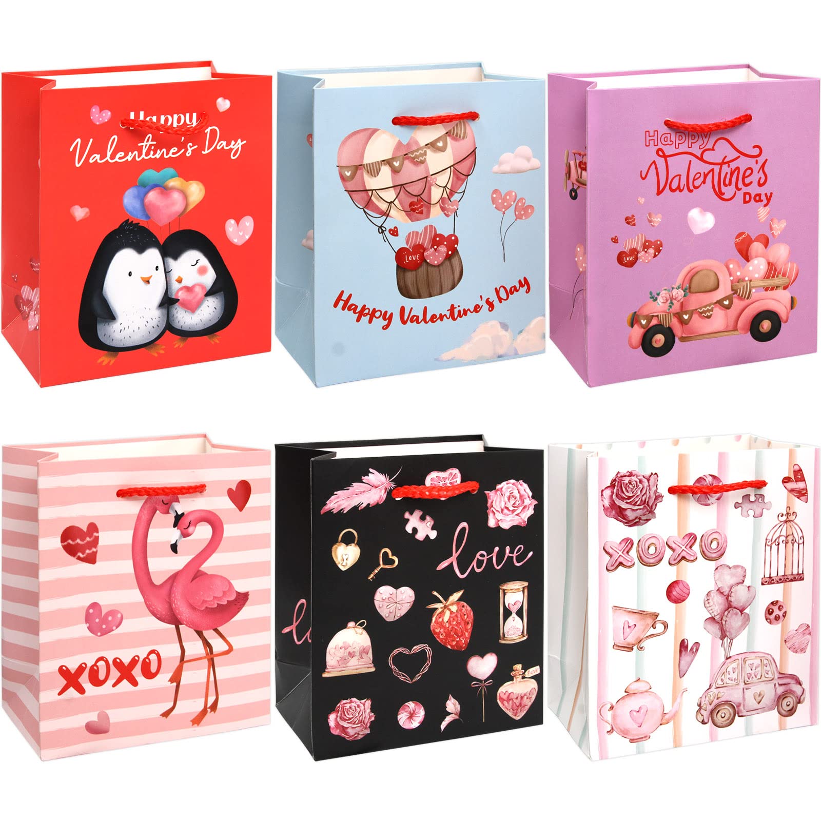 12 Pcs Valentine's Day Paper Gift Bags 5.5 * 6.5 * 2.9" with Tissue Paper for Kids Party Favor Classroom Exchange Prizes Present Wrapping