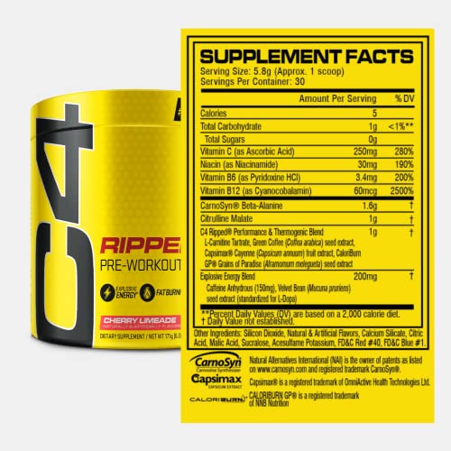 Cellucor C4 Ripped Pre Workout Powder Cherry Limeade | Creatine Free + Sugar Free Preworkout Energy Supplement for Men & Women | 150mg Caffeine + Beta Alanine + Weight Loss | 30 Servings
