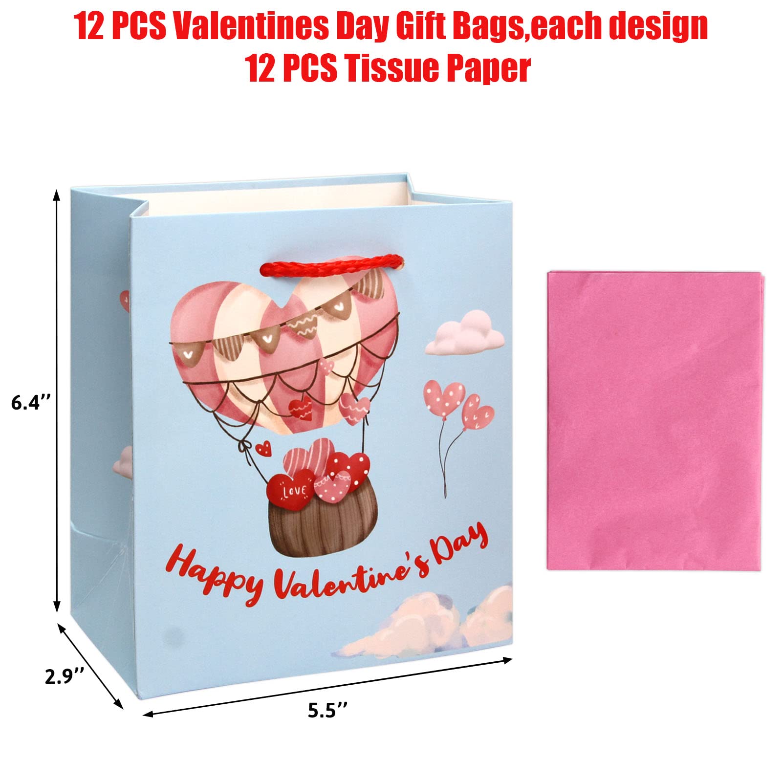12 Pcs Valentine's Day Paper Gift Bags 5.5 * 6.5 * 2.9" with Tissue Paper for Kids Party Favor Classroom Exchange Prizes Present Wrapping