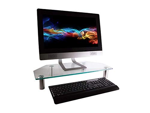 Monoprice Corner Multimedia Desktop Stand, Clear Glass 23.6" x 10.2" - Stand & Riser, Laptop Stand, Desktop TV Stand w/ Height Adjustable Legs
