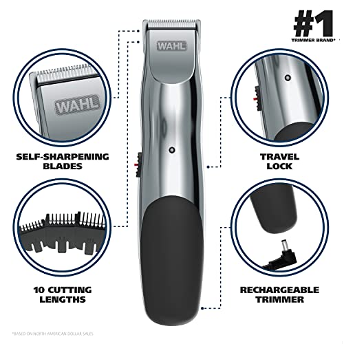 Wahl Clipper Rechargeable Beard Trimmer With Travel Lock, Self-sharpening Blades, and 10 Different Trimming Lengths – Model 9916-817V