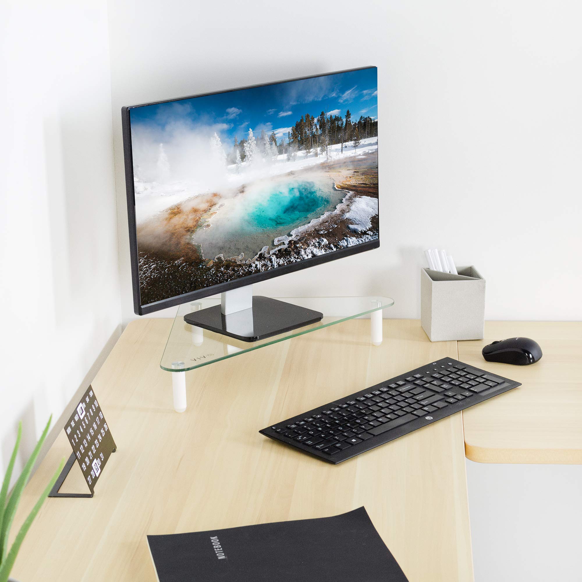 VIVO Glass Ergonomic Tabletop Riser, Triangle Desktop Universal Corner Stand for Computer Monitor LCD LED TV, Monitor, Laptop, Notebook, and More, STAND-V000Q