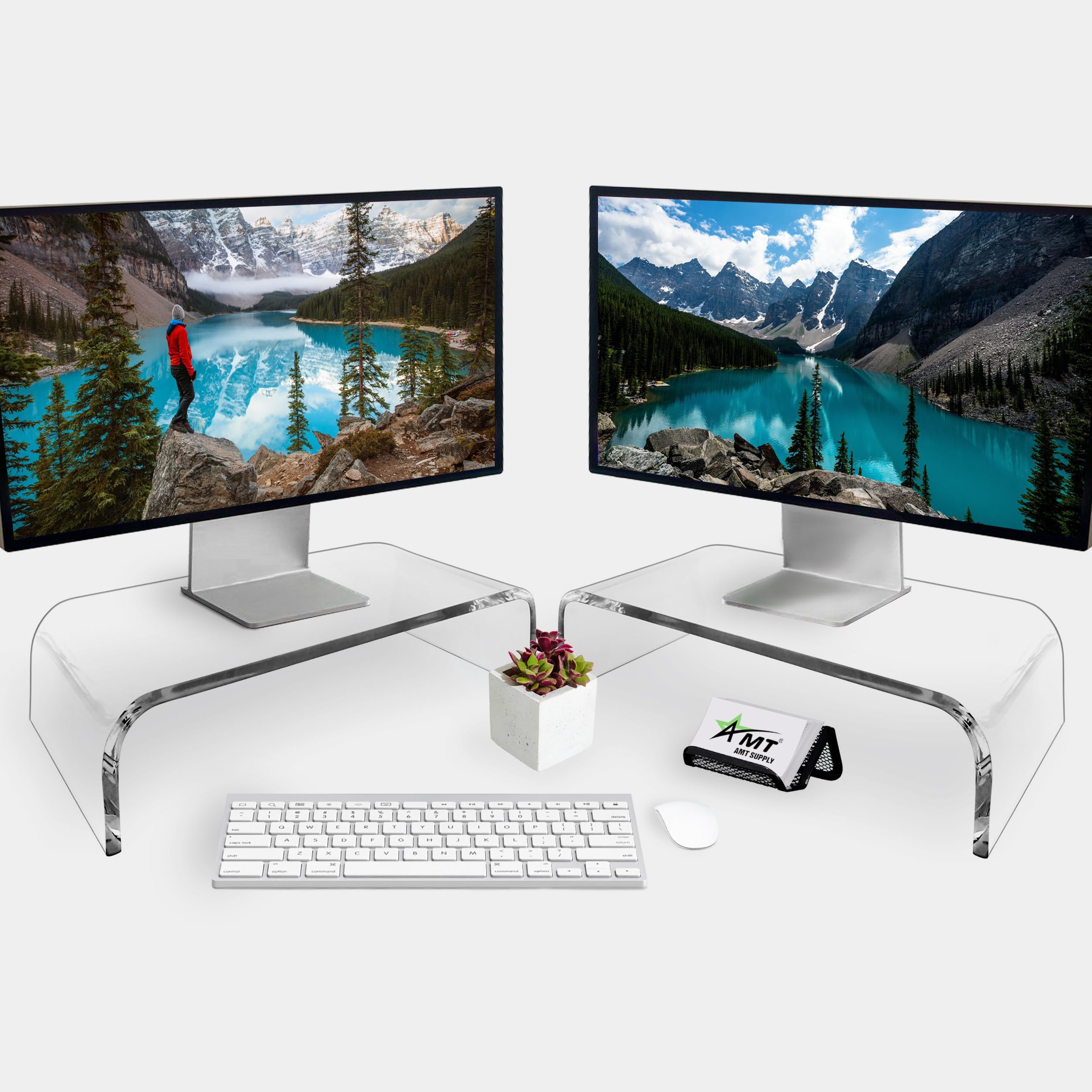 AMT Acrylic Laptop Monitor Stand & Computer Riser with Cat Keyboard Protector, Space-Saving Design, Extra Storage, Clear Shelf - Ideal for Monitors, Laptops, Printers, Desktop Decor