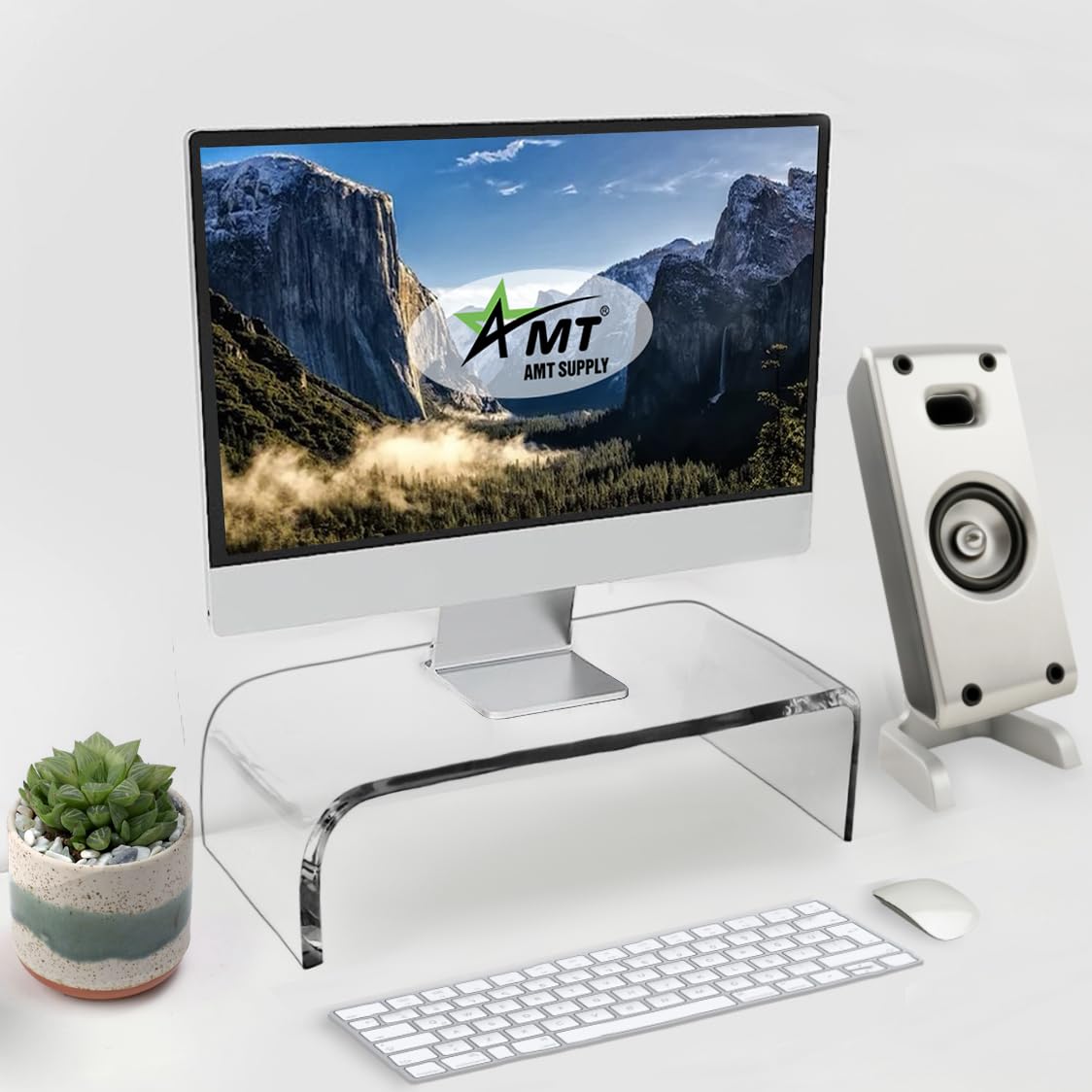 AMT Acrylic Laptop Monitor Stand & Computer Riser with Cat Keyboard Protector, Space-Saving Design, Extra Storage, Clear Shelf - Ideal for Monitors, Laptops, Printers, Desktop Decor