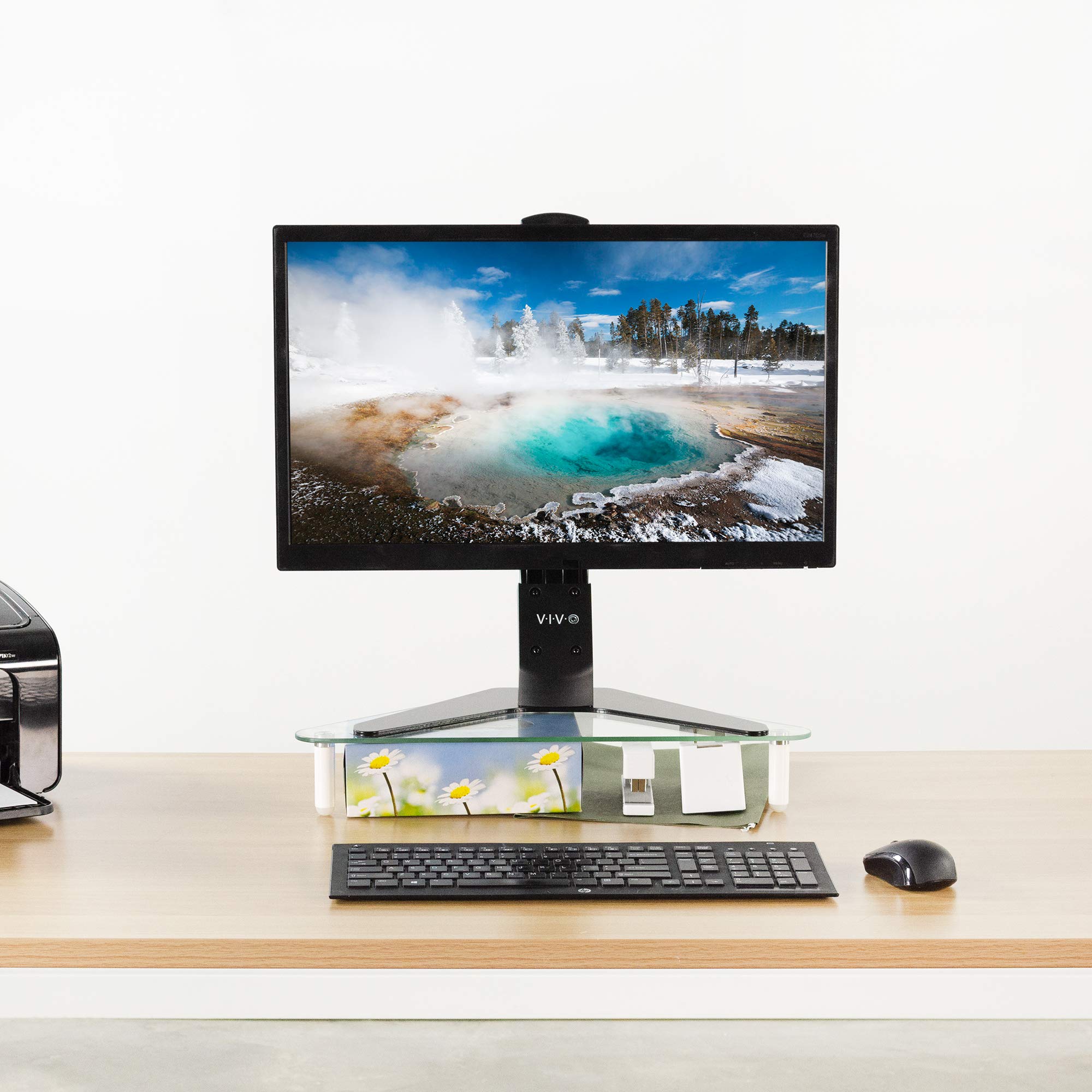 VIVO Glass Ergonomic Tabletop Riser, Triangle Desktop Universal Corner Stand for Computer Monitor LCD LED TV, Monitor, Laptop, Notebook, and More, STAND-V000Q