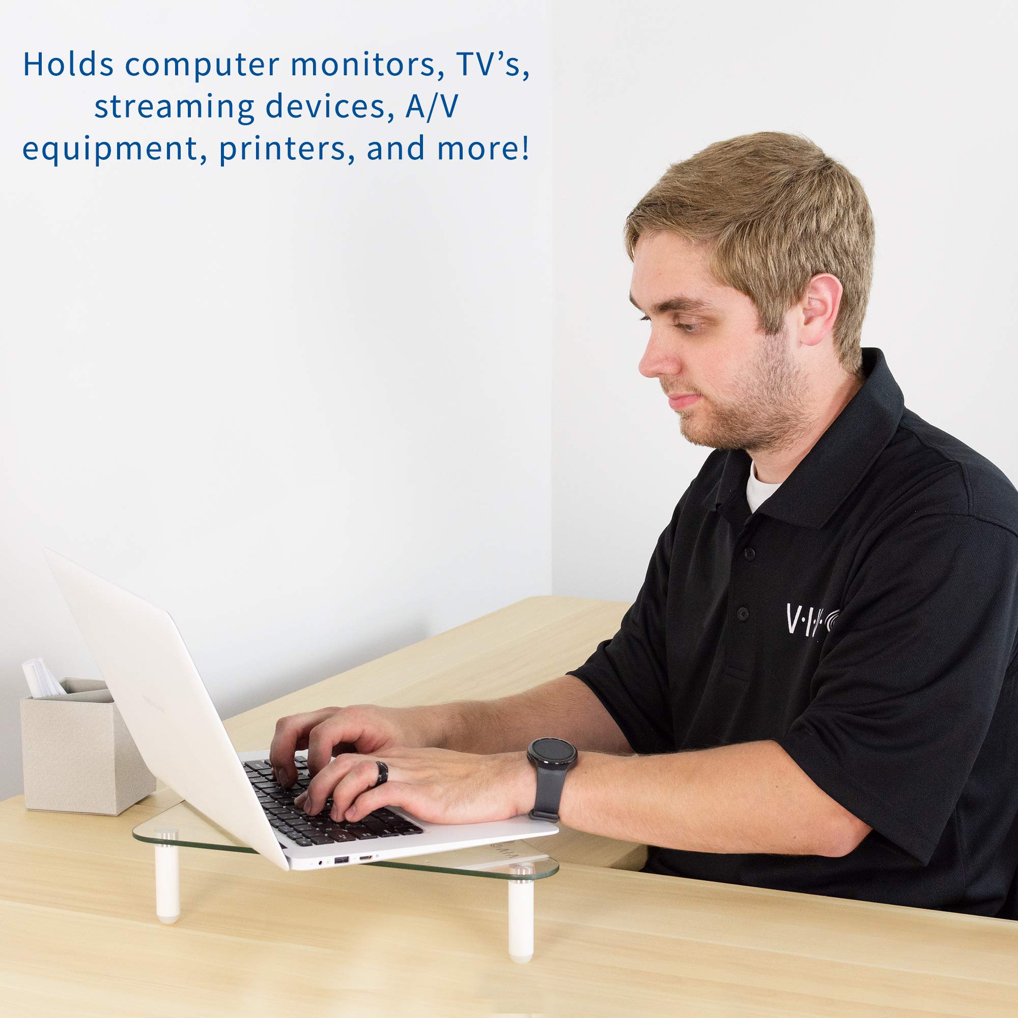 VIVO Glass Ergonomic Tabletop Riser, Triangle Desktop Universal Corner Stand for Computer Monitor LCD LED TV, Monitor, Laptop, Notebook, and More, STAND-V000Q