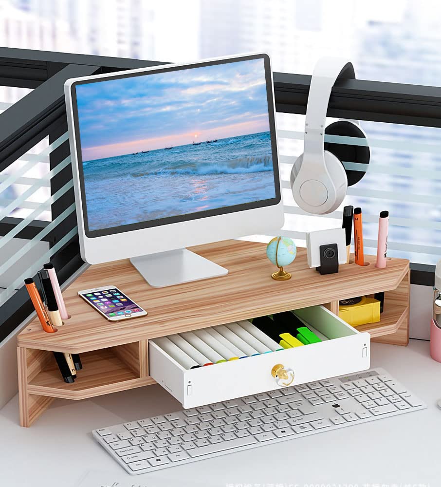 KUAIYU Triangle Monitor Riser,Cut Triangular Computer Monitor Desktop Corner Stand,Desktop Corner Shelf With Drawers Wooden Computer Stand With Storage Laptop Risers Office Organization.