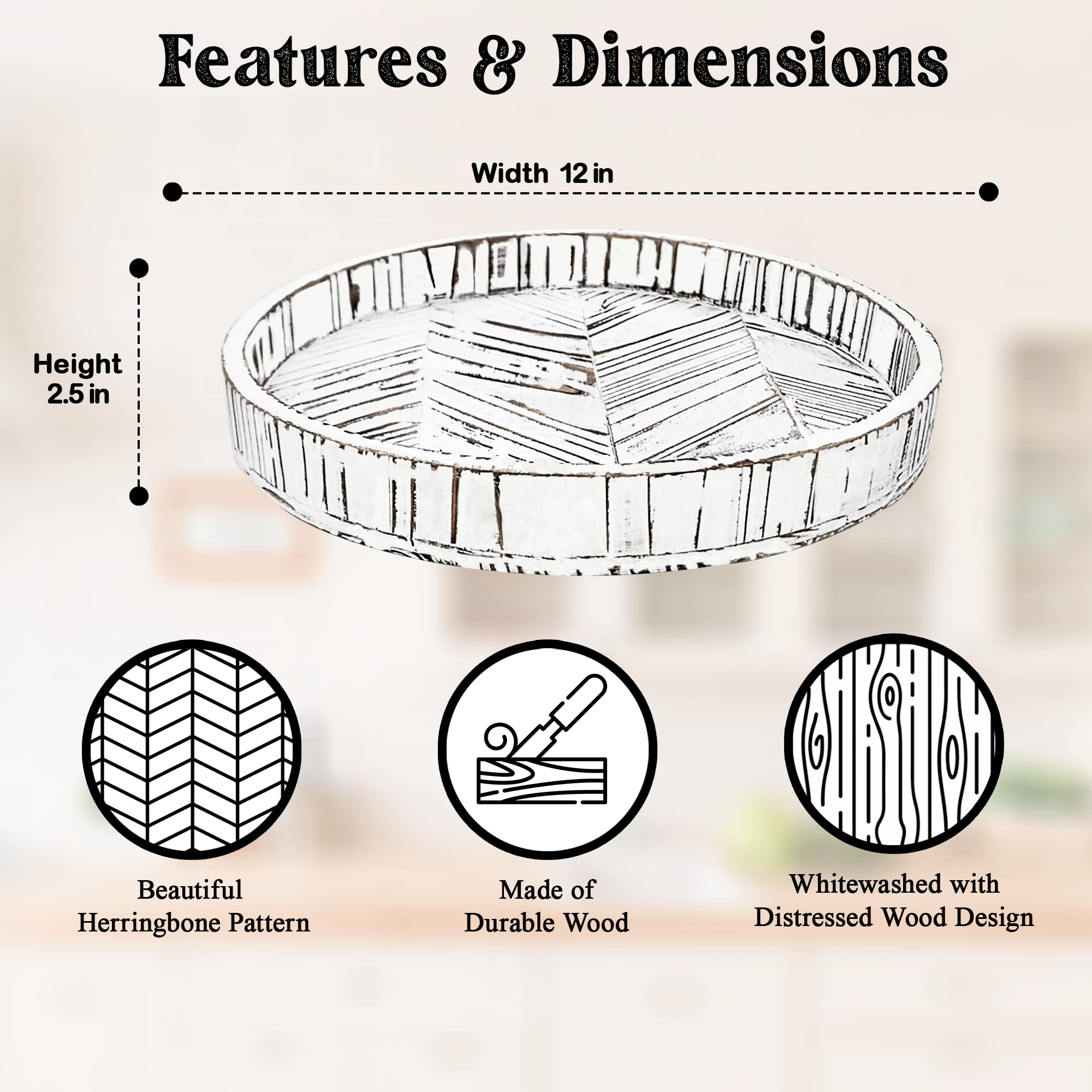 Paper and Pallet Rustic White Wood Lazy Susan - 12.5 Inch Farmhouse Turntable Kitchen Cabinet Organizer Tray - Distressed Round Wooden Spice Rack - Rotating Centerpiece for Dining Table & Countertop