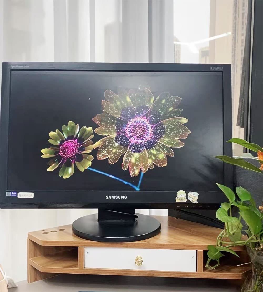 KUAIYU Triangle Monitor Riser,Cut Triangular Computer Monitor Desktop Corner Stand,Desktop Corner Shelf With Drawers Wooden Computer Stand With Storage Laptop Risers Office Organization.