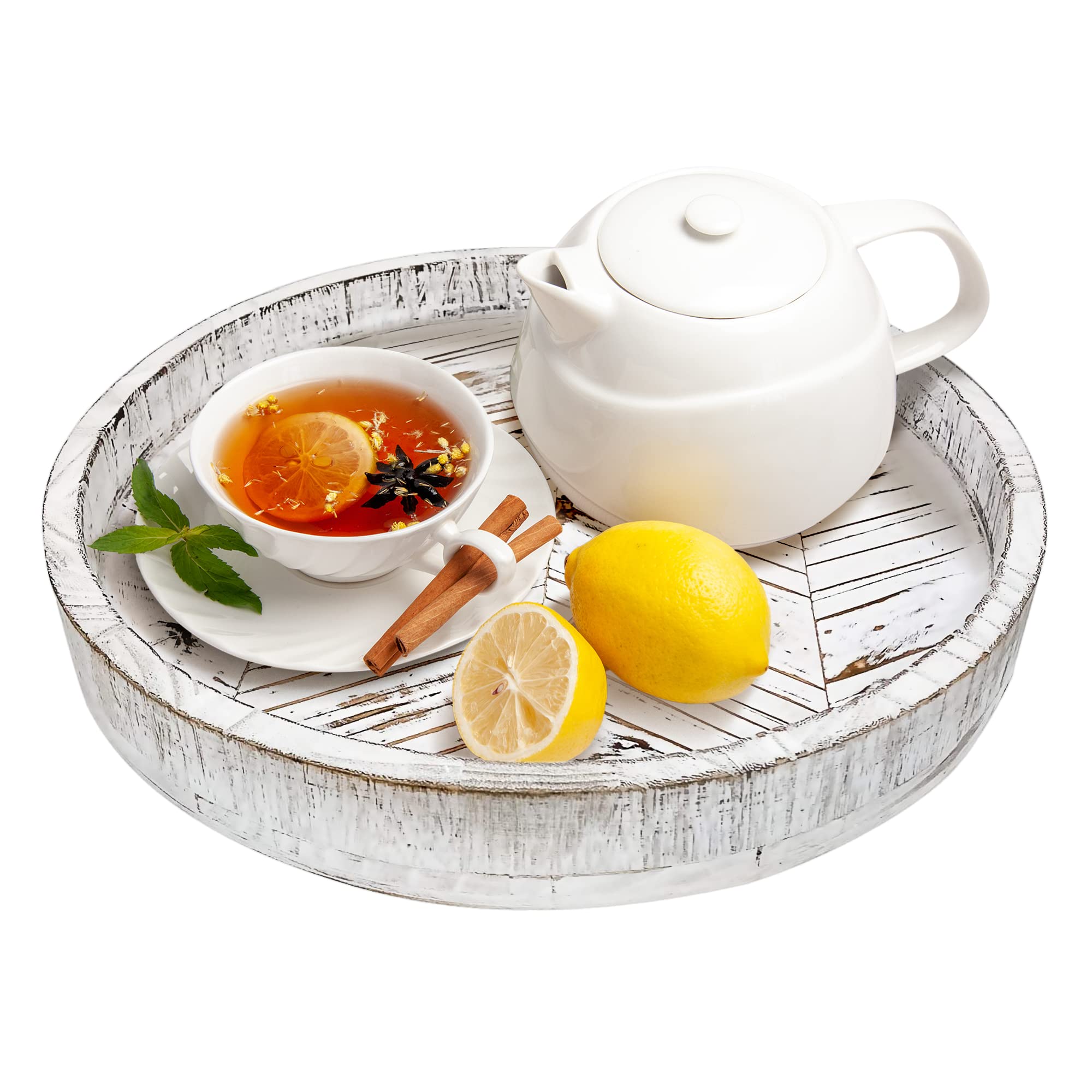 Paper and Pallet Rustic White Wood Lazy Susan - 12.5 Inch Farmhouse Turntable Kitchen Cabinet Organizer Tray - Distressed Round Wooden Spice Rack - Rotating Centerpiece for Dining Table & Countertop