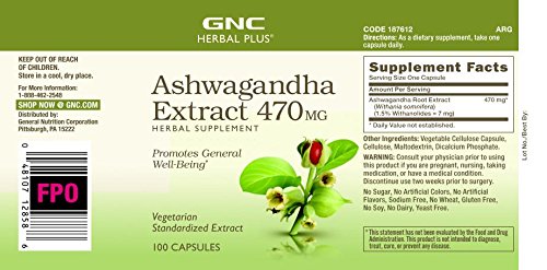 GNC Herbal Plus Ashwagandha Extract 470mg, 100 Capsules, Promotes General Well-Being