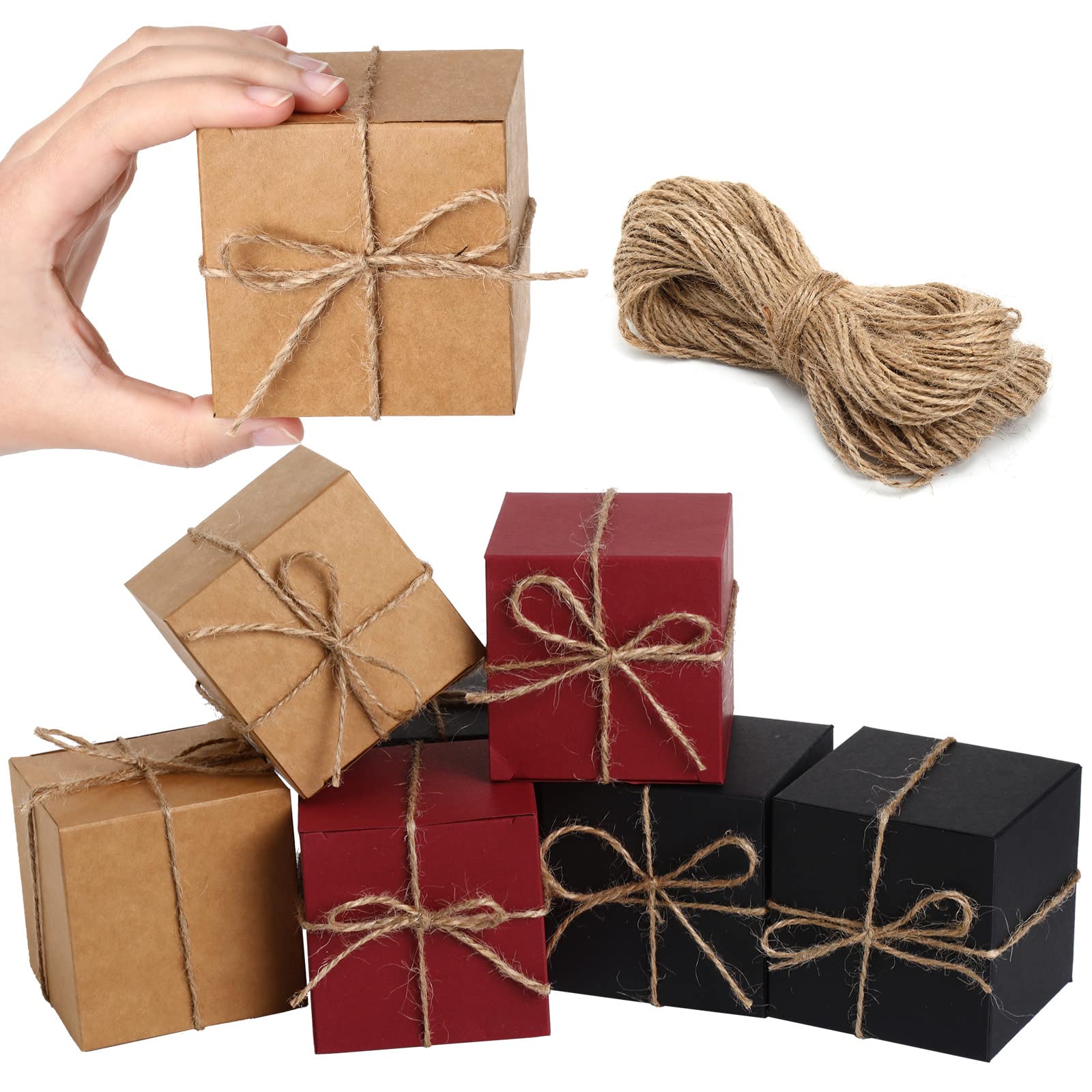 Spiareal 60 Pcs Small Gift Boxes 3 x Inches Christmas with Twine Candle Packaging Square Kraft for Xmas Gifts Wedding Birthday Bridesmaid Proposal Party Favors, Brown Red Black