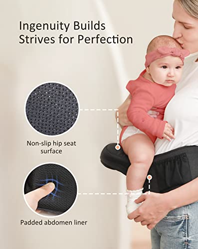 BABYMUST Hip Seat Baby Carrier, Advanced Adjustable Waistband &Various Pockets, Ergonomic Carrier for Newborns to Toddlers up to 66lbs, Black