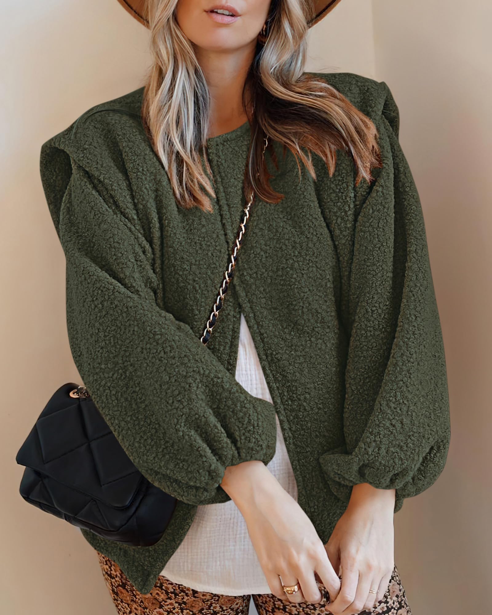 KIRUNDO Women's 2024 Fall Winter Sherpa Fleece Jacket Faux Wool Embedded Lantern Sleeve Casual Loose Outwear With Pockets(Army Green, Medium)
