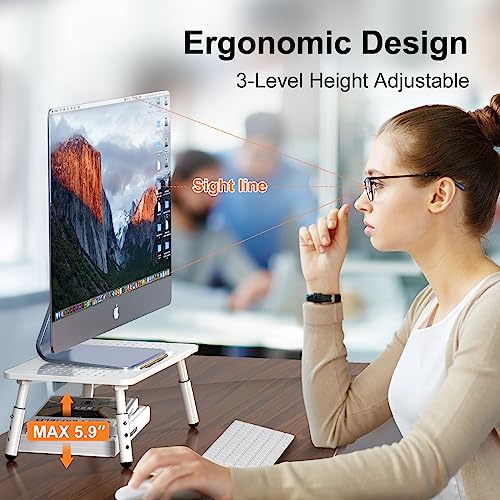 Bracwiser Foldable Monitor Riser Metal Computer Stand for Desk 3 Height Adjustable Laptop Stand with Pen Storage, White, MST013W