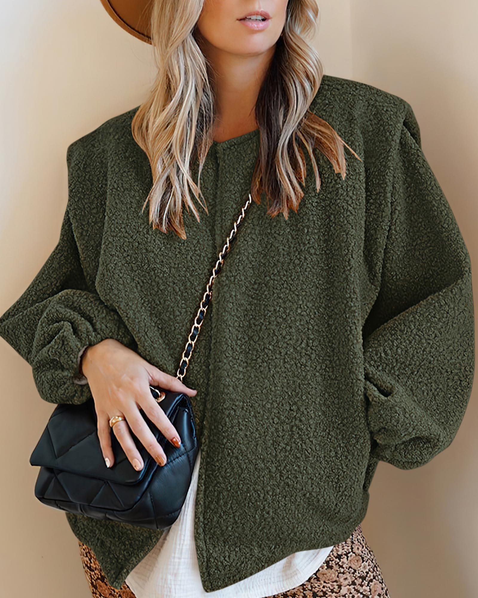 KIRUNDO Women's 2024 Fall Winter Sherpa Fleece Jacket Faux Wool Embedded Lantern Sleeve Casual Loose Outwear With Pockets(Army Green, Medium)