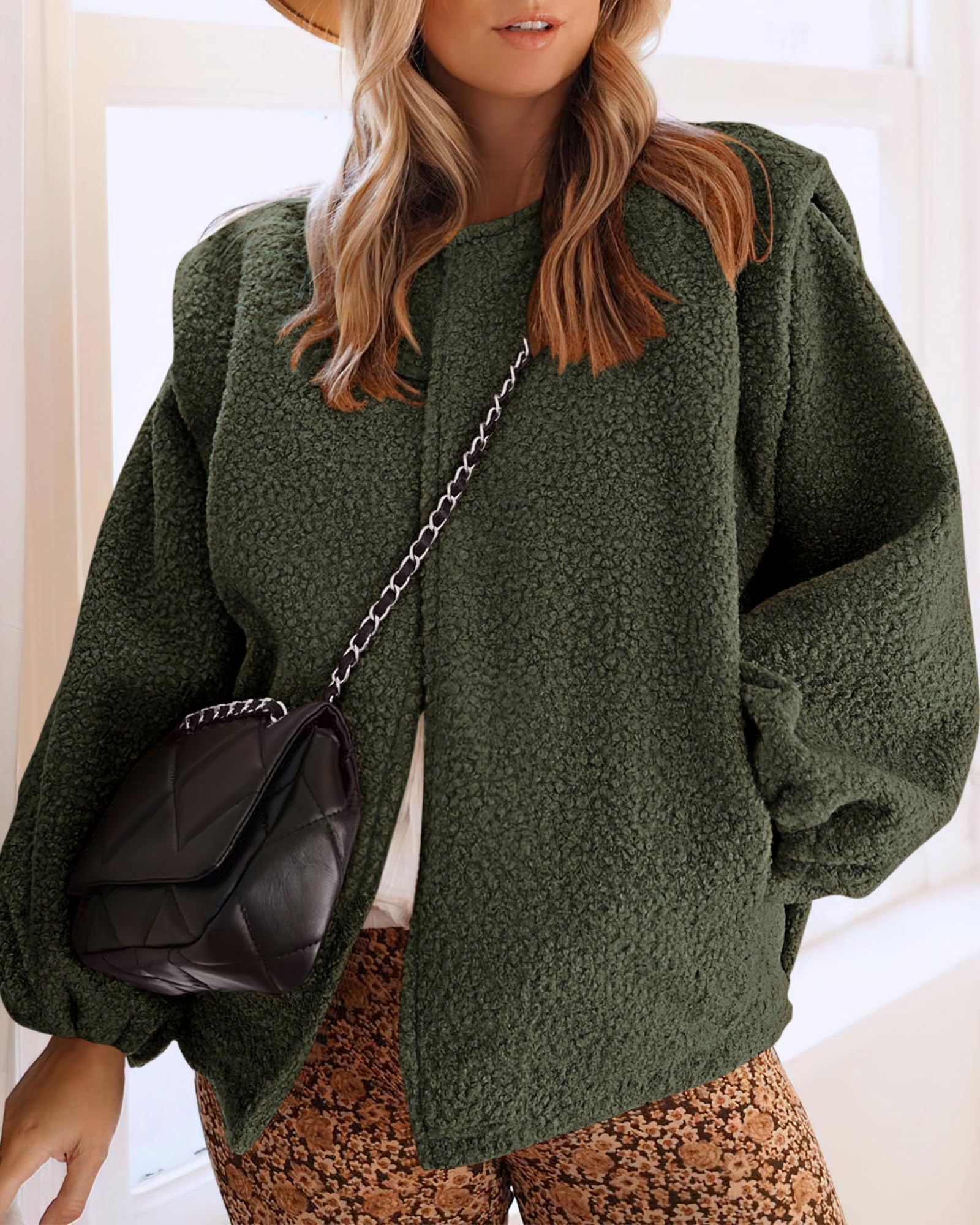 KIRUNDO Women's 2024 Fall Winter Sherpa Fleece Jacket Faux Wool Embedded Lantern Sleeve Casual Loose Outwear With Pockets(Army Green, Medium)