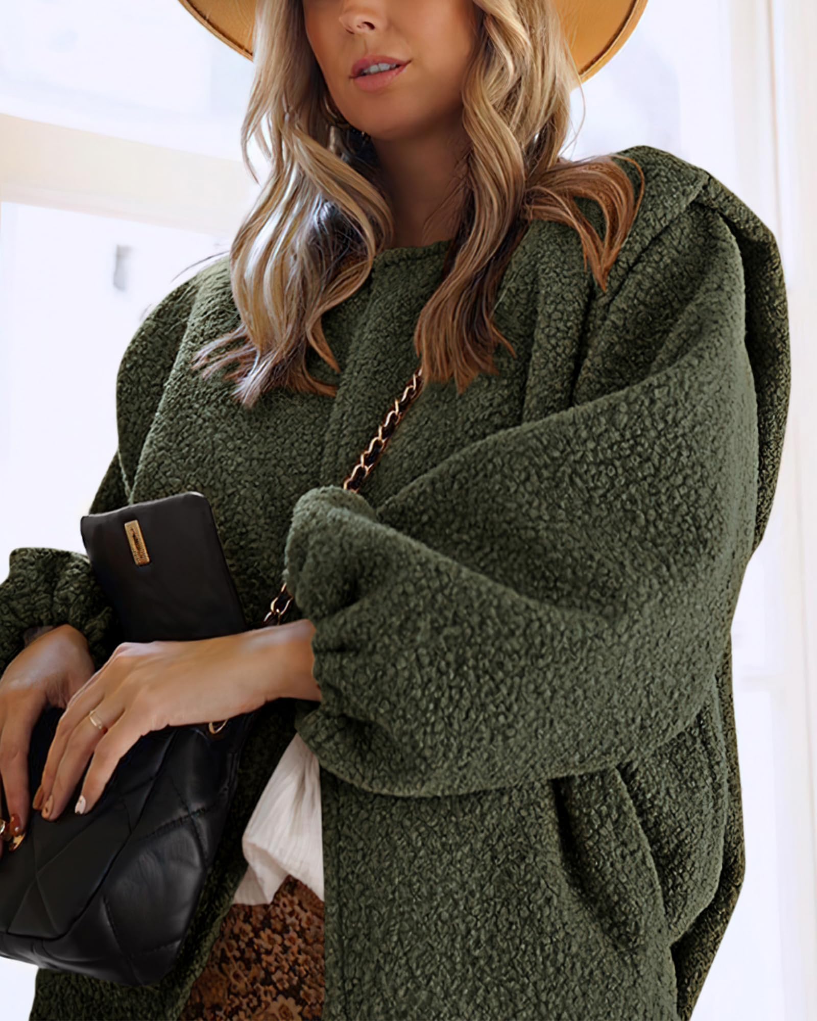 KIRUNDO Women's 2024 Fall Winter Sherpa Fleece Jacket Faux Wool Embedded Lantern Sleeve Casual Loose Outwear With Pockets(Army Green, Medium)