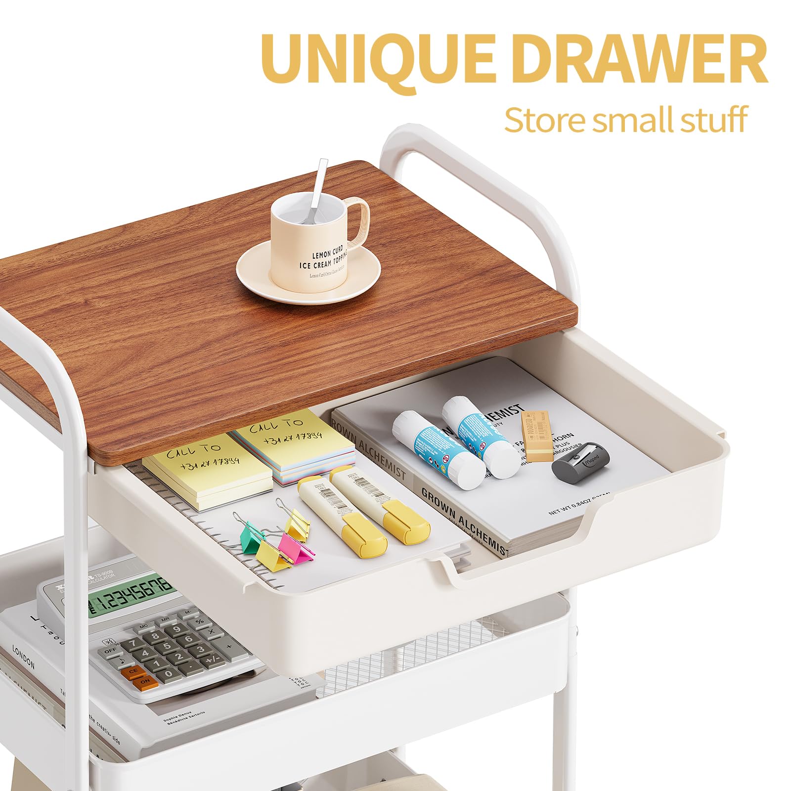 TOOLF 3-Tier Utility Rolling Cart with Wooden Board and Drawer, Metal Storage Cart with Handle, White Trolley Kitchen Organizer Rolling Desk with Locking Wheels for Office, Classroom, Home, Bedroom