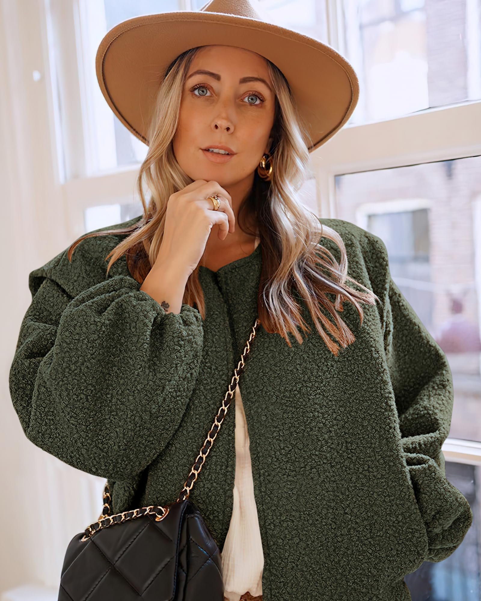 KIRUNDO Women's 2024 Fall Winter Sherpa Fleece Jacket Faux Wool Embedded Lantern Sleeve Casual Loose Outwear With Pockets(Army Green, Medium)