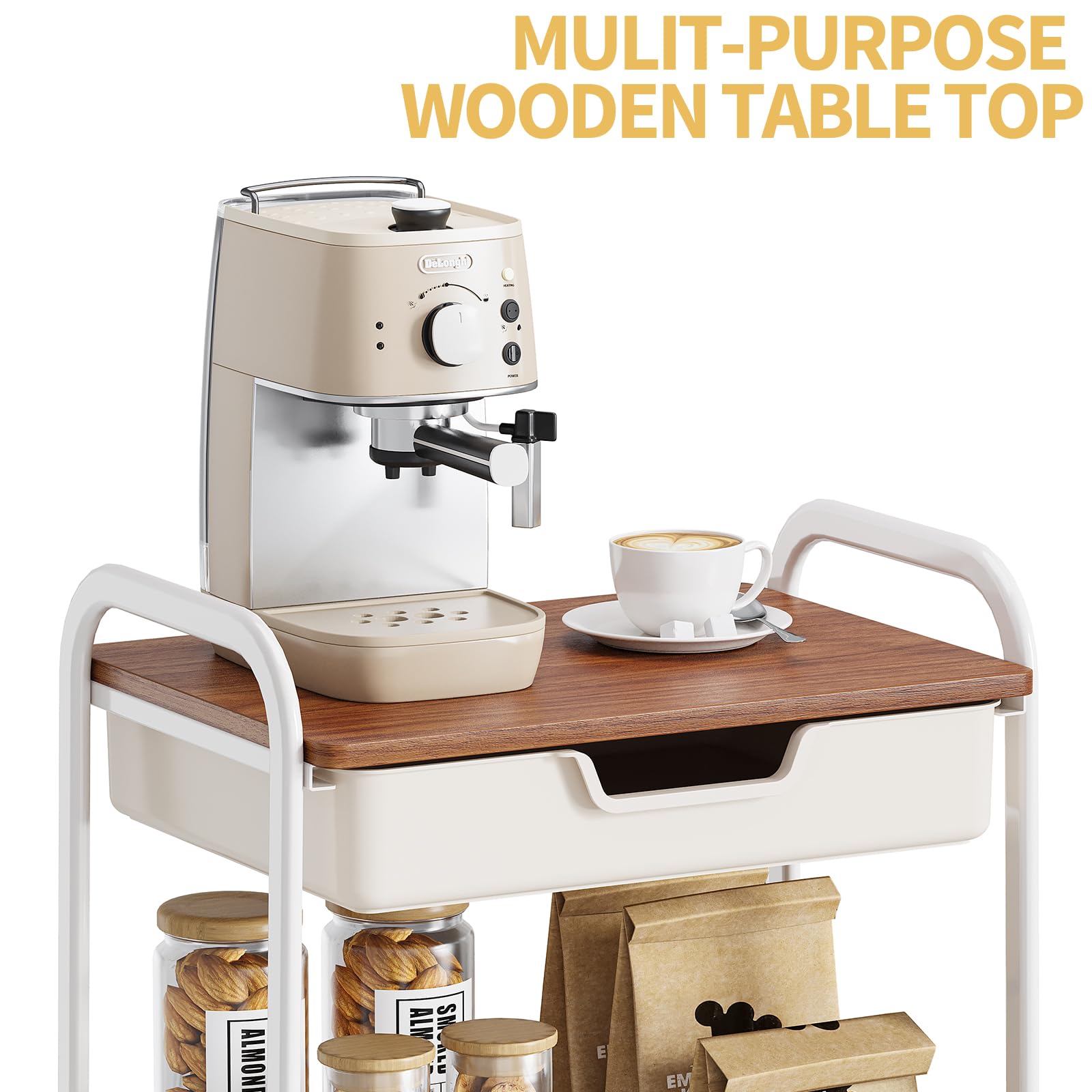 TOOLF 3-Tier Utility Rolling Cart with Wooden Board and Drawer, Metal Storage Cart with Handle, White Trolley Kitchen Organizer Rolling Desk with Locking Wheels for Office, Classroom, Home, Bedroom