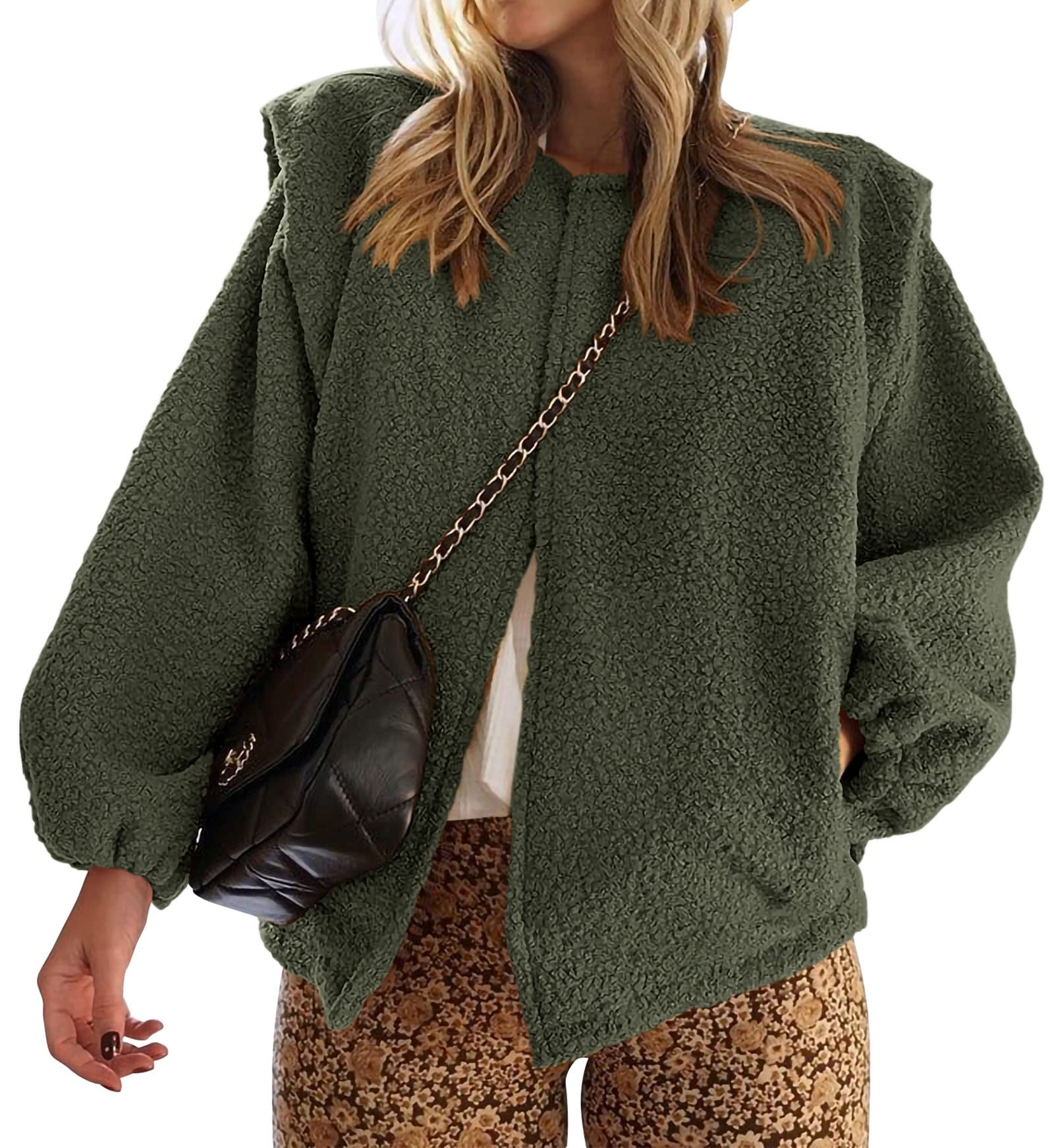 KIRUNDO Women's 2024 Fall Winter Sherpa Fleece Jacket Faux Wool Embedded Lantern Sleeve Casual Loose Outwear With Pockets(Army Green, Medium)