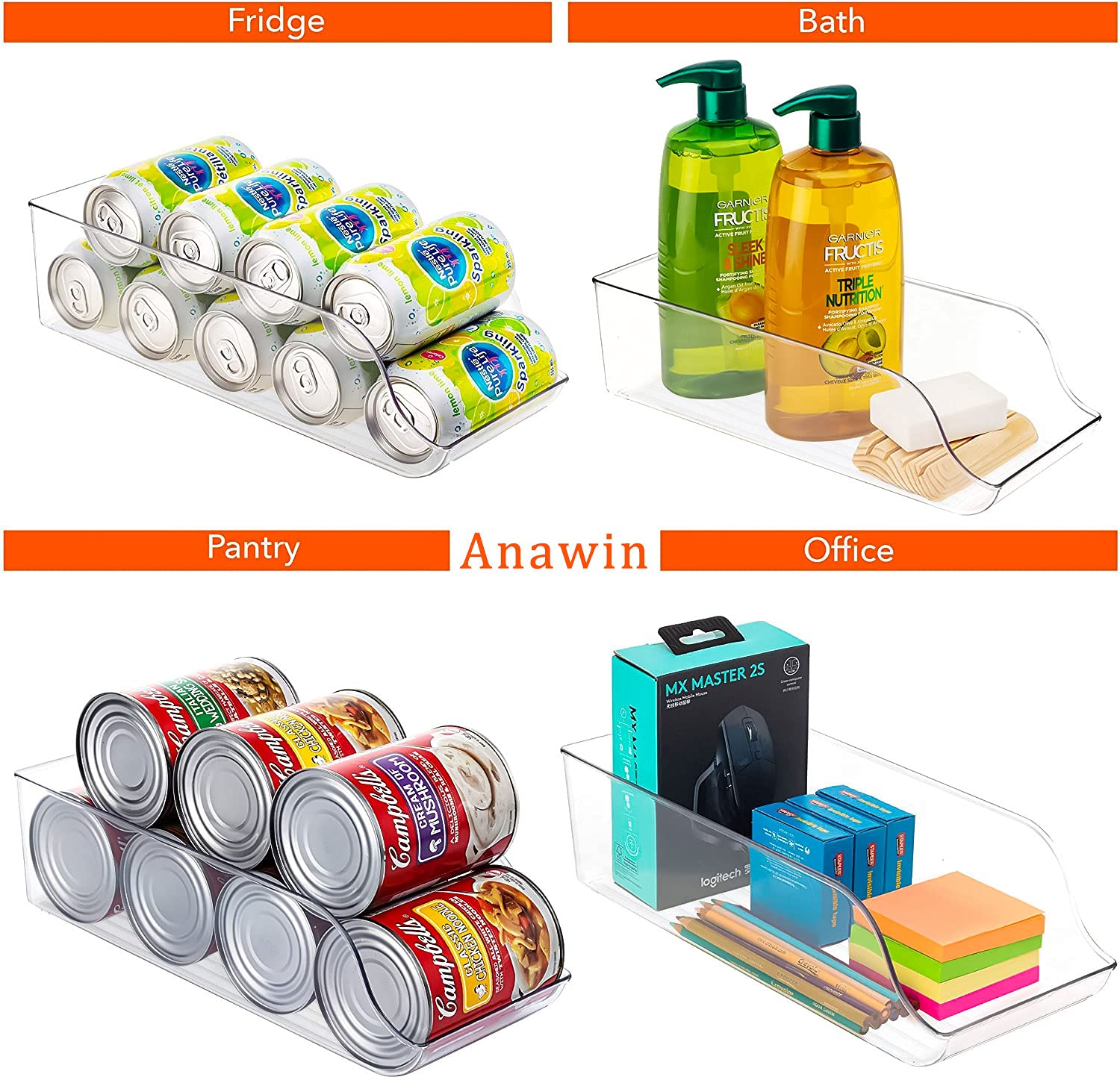 Anawin Refrigerator Organizer, 2 PCS a Set Fridge Organizer Bins for Refrigerator, Clear Plastic Canned Food Pantry Storage Rack for Freezer, Kitchen, Countertops, Cabinets, Soda Can Organizer
