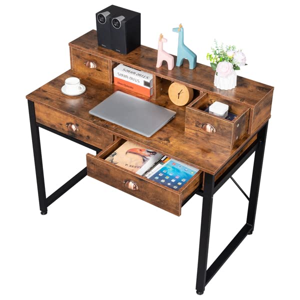 GAJUST Rustic Brown Corner Desk with Monitor Stand Riser