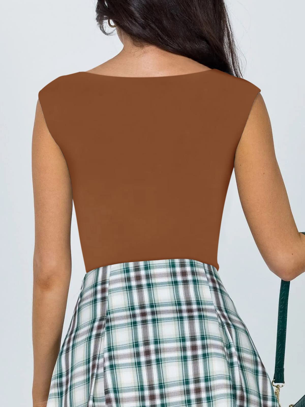 REORIA Women's Summer Sexy Casual V Neck Double Lined Seamless Sleeveless Slimming One Piece Leotards Going Out Trendy Tank Top Tees Thong Bodysuits Brown Medium