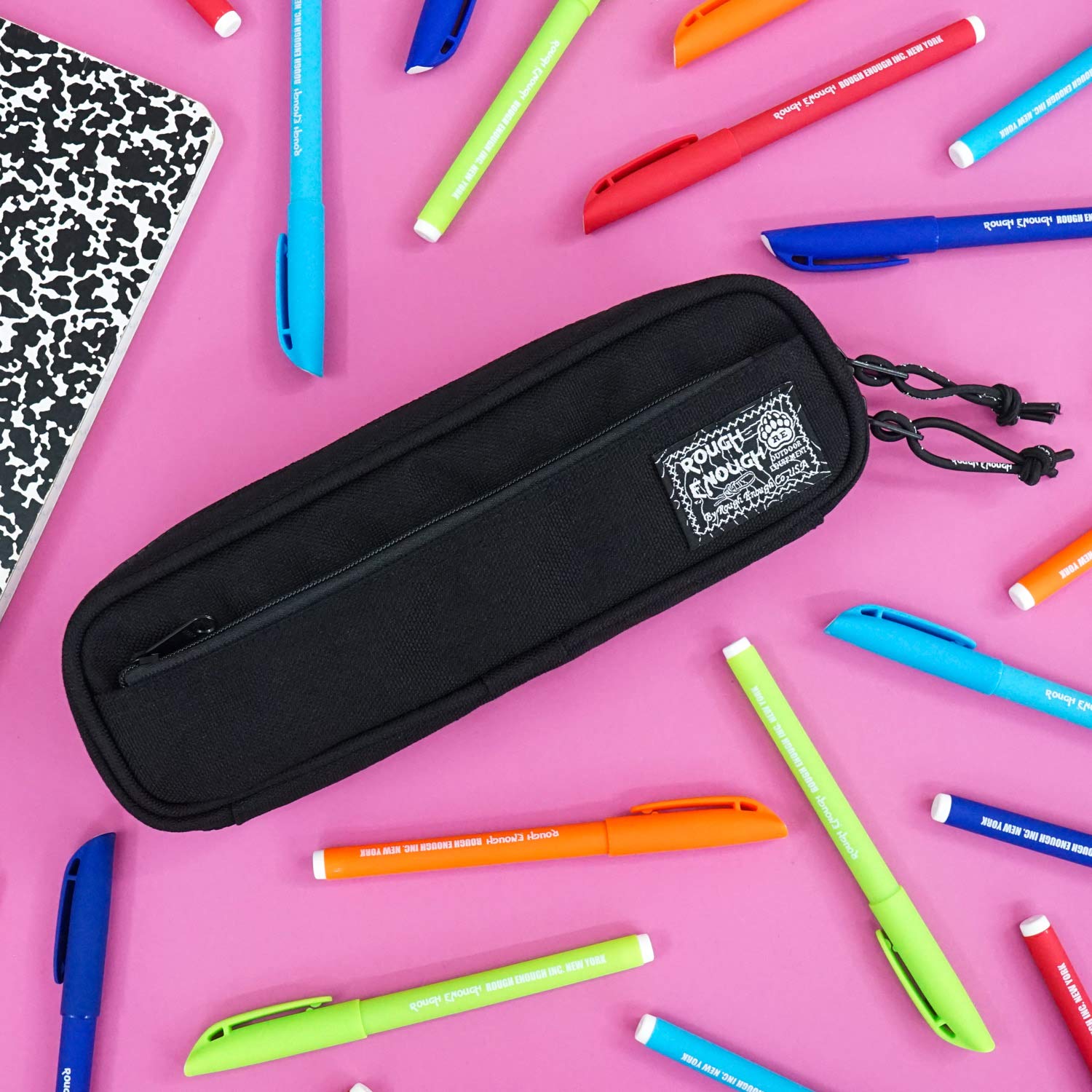 Rough Enough Black Pencil Case Long Pencil Pouch Art Supply Storage Organizer Kids Boys Girls Adults School Stationary