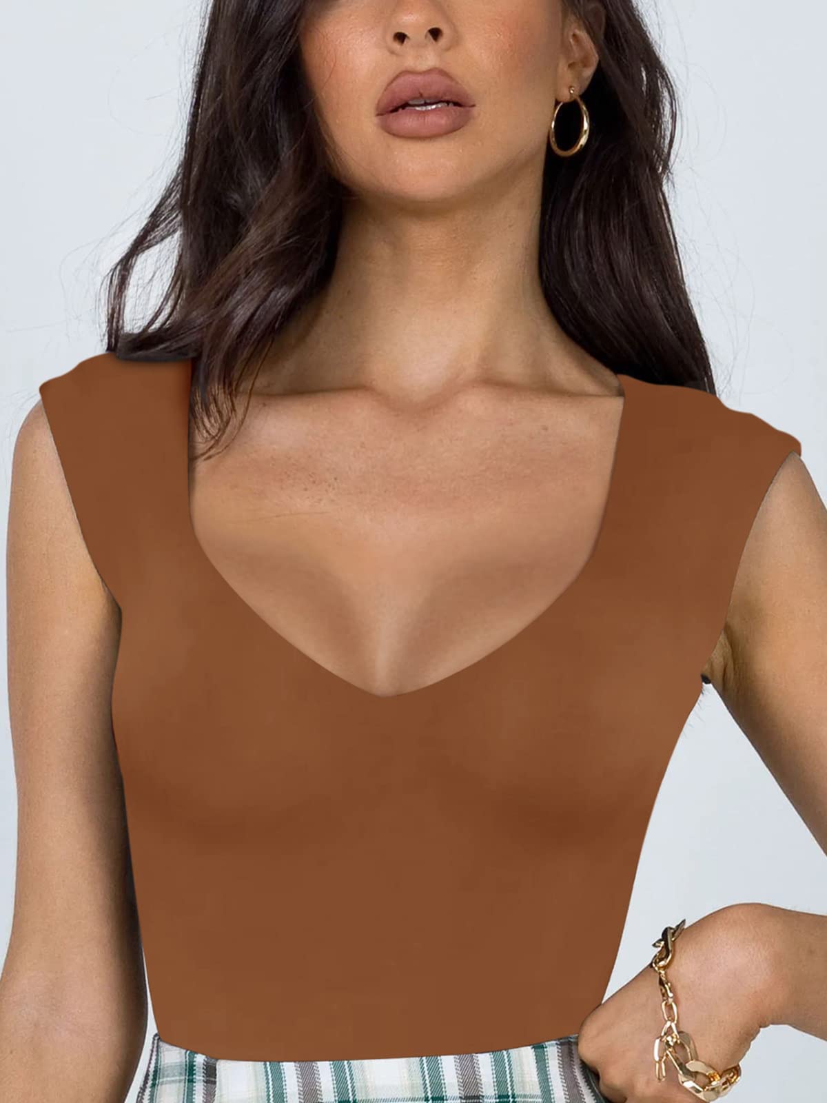 REORIA Women's Summer Sexy Casual V Neck Double Lined Seamless Sleeveless Slimming One Piece Leotards Going Out Trendy Tank Top Tees Thong Bodysuits Brown Medium