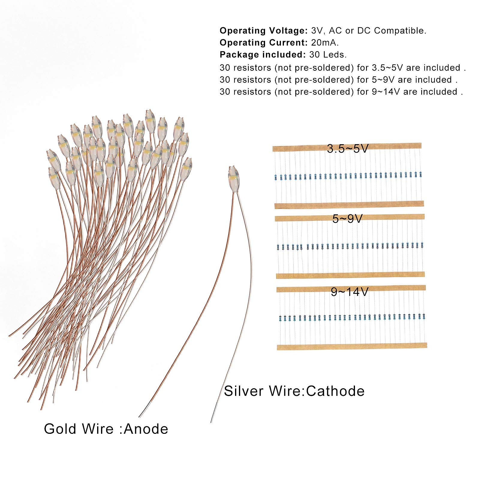 Evemodel 30pcs Pre-soldered Micro Litz Wire Warm White 0603 SMD LED Light 7.8'' Wire Resin Cover Waterproof CD0603WM