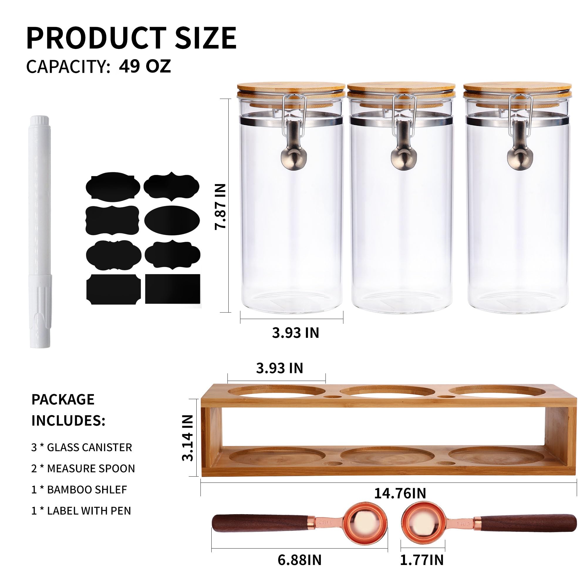 GURUDAR Glass Coffee Storage Container with Bamboo Shelf, 3PCS 49oz Airtight Sealed Coffee Bean Jar with Clamp Lid & Measuring Spoon, Kitchen Pantry Canister Set for Ground Coffee Sugar Tea Flour