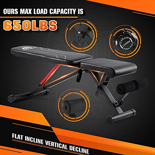 Adjustable weight bench, Foldable Workout Bench with 8+4+3 Angles and Quick Adjustable knob(Automatic Lock) - Weight capacity 650lbs, Easy to assemble