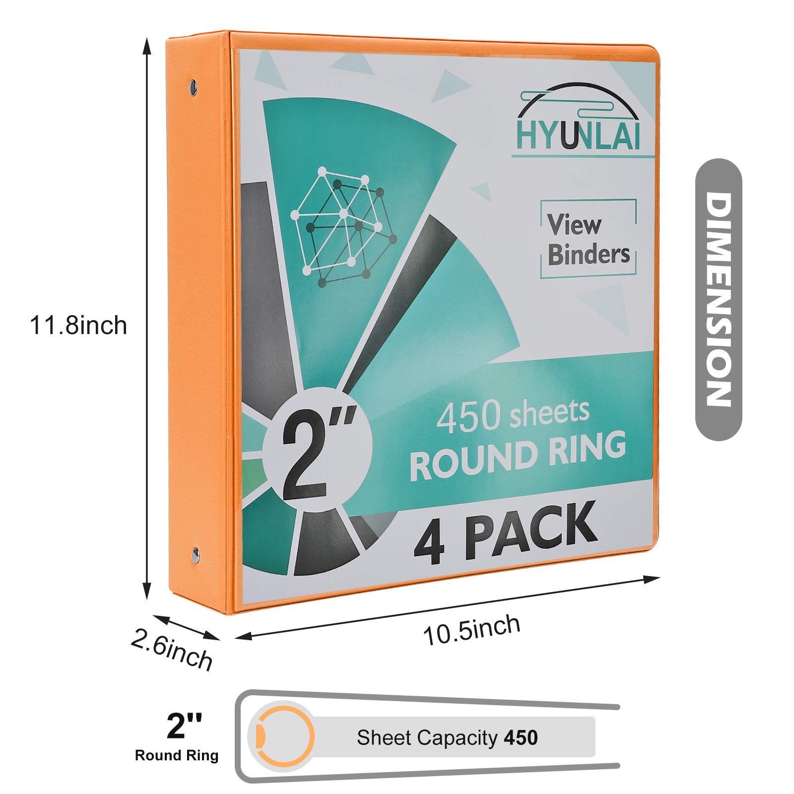 2 Inch 3 Ring Binder, HYUNLAI 2'' Round-Ring View Presentation View Binders, Holds Up to 8.5"11" Paper,Customizable Clear Cover,for Home,Office,and School Supply,4 Pack