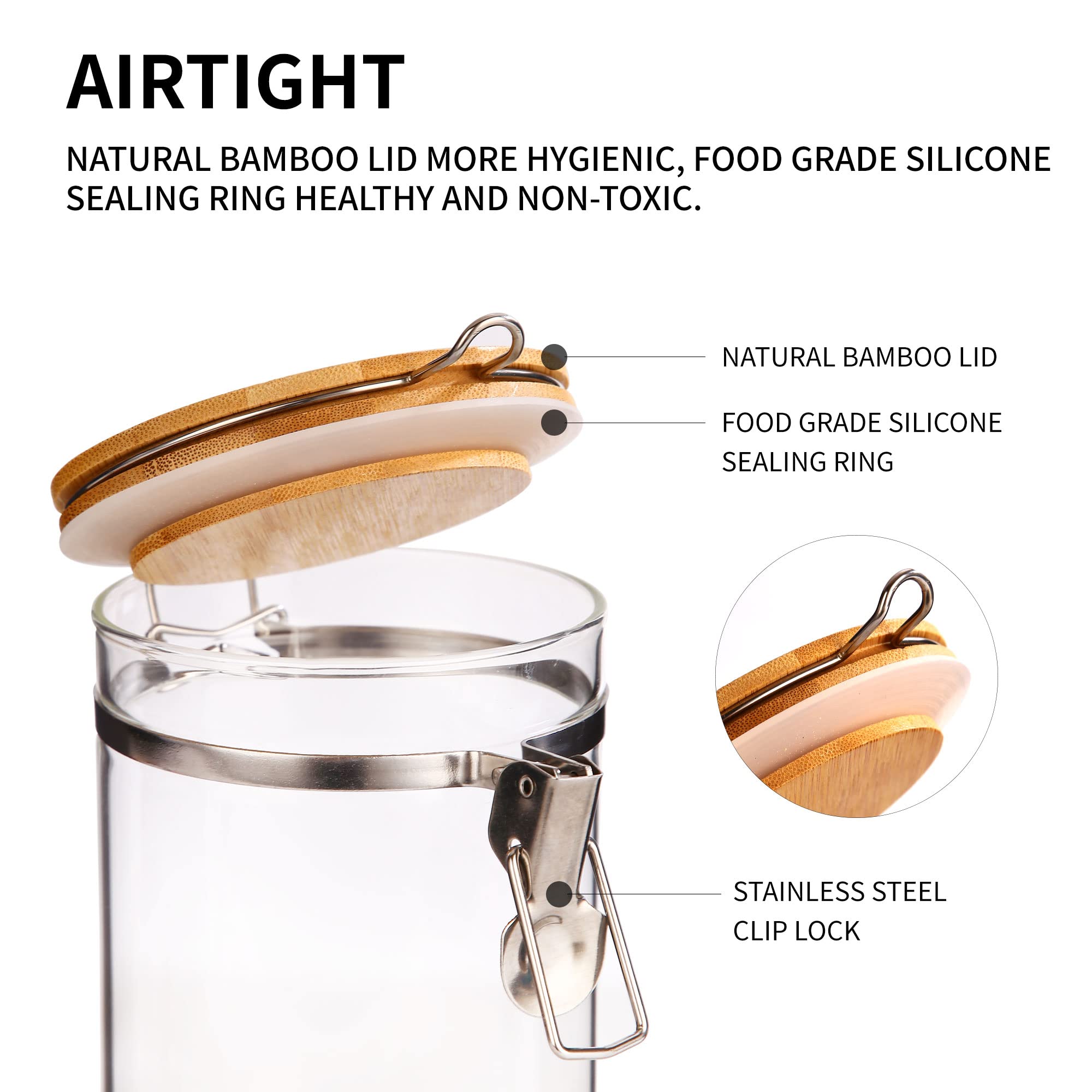 GURUDAR Glass Coffee Storage Container with Bamboo Shelf, 3PCS 49oz Airtight Sealed Coffee Bean Jar with Clamp Lid & Measuring Spoon, Kitchen Pantry Canister Set for Ground Coffee Sugar Tea Flour