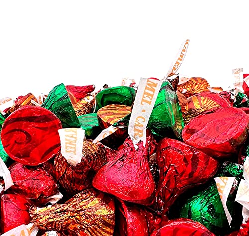 Hershey's Kisses Caramel Milk Chocolate Mix Gold, Green, Red Foil - 2 lbs Pounds Sealed in a Tundras Bag