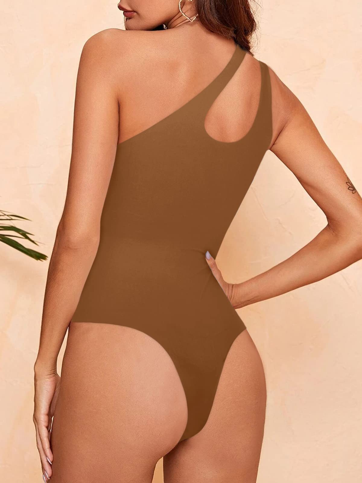 REORIA Women's Summer Sexy One Shoulder Cutout Front Sleeveless One Piece Tank Tops Backless Thong Bodysuits Leotards for Going Out Brown Large