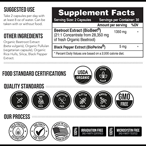BioBeet® Max Strength Beet Root Capsules - 21:1 Concentrate, Each Serving Derived from 28,350 mg Organic Beetroot - Absorption Enhancement with BioPerine® Black Pepper Extract (60 Capsules)