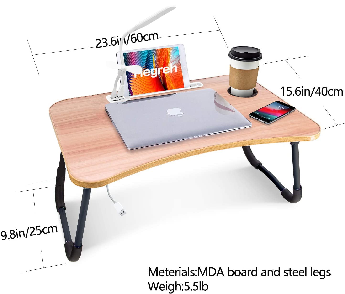 Hegreh Laptop Lap Desk for Bed Fits up to 17″ Laptops with Light,Lamp,Cup Holder, Laptop Bed Tray Table, 23.6" Foldable Laptop Desk, Laptop Stand for Working, Writing,Reading and Breakfast