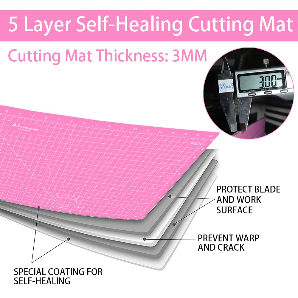 Headley Tools 12 x 18 Inch Self Healing Cutting Mat, Durable Rotary Cutting Mat Double Sided 5-Ply Gridded A3 Cutting Board for Craft, Fabric, Quilting, Sewing, Scrapbooking Project, Pink/Dark purple