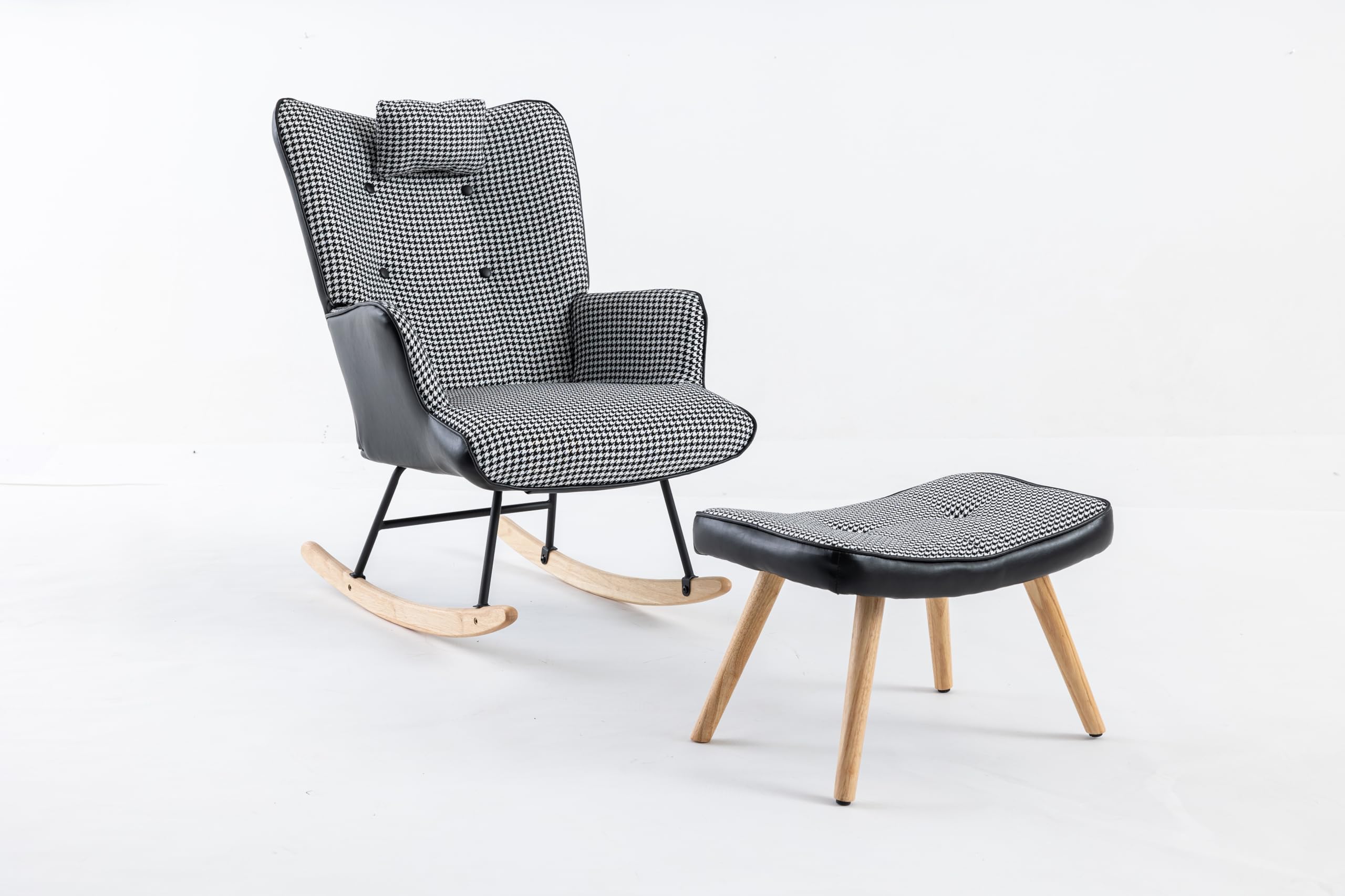 Tiophome Rocking Chair Nursery, Upholstered Glider Rocker Accent Chairs Padded Seat with High Backrest, Comfy Side Armchair for Nursing, Living Room, Bedroom, Office, Linen/Leather, Houndstooth Black
