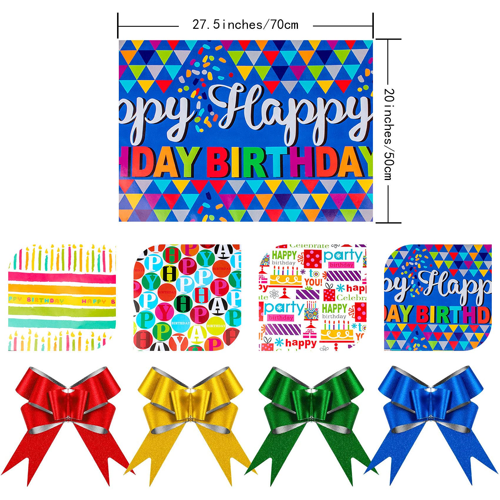 Birthday Wrapping Paper Sheet 8 Sheets Folded Flat Gift Wrap Paper with 4 Decorative Bows, Kids Birthday Gift Wrapping Paper, 20 in x 27.5 in Per Sheet