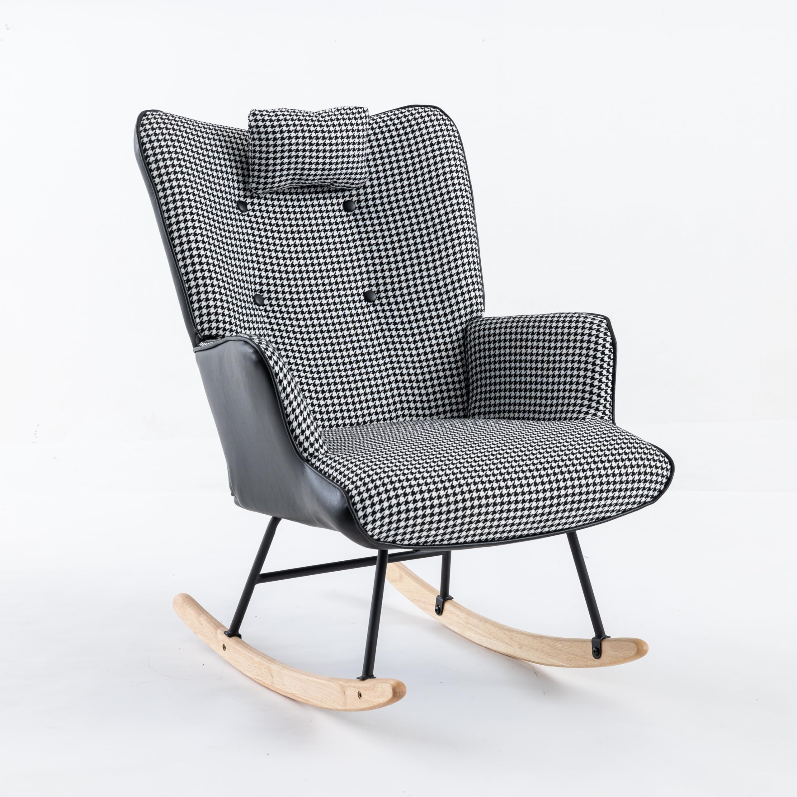 Tiophome Rocking Chair Nursery, Upholstered Glider Rocker Accent Chairs Padded Seat with High Backrest, Comfy Side Armchair for Nursing, Living Room, Bedroom, Office, Linen/Leather, Houndstooth Black