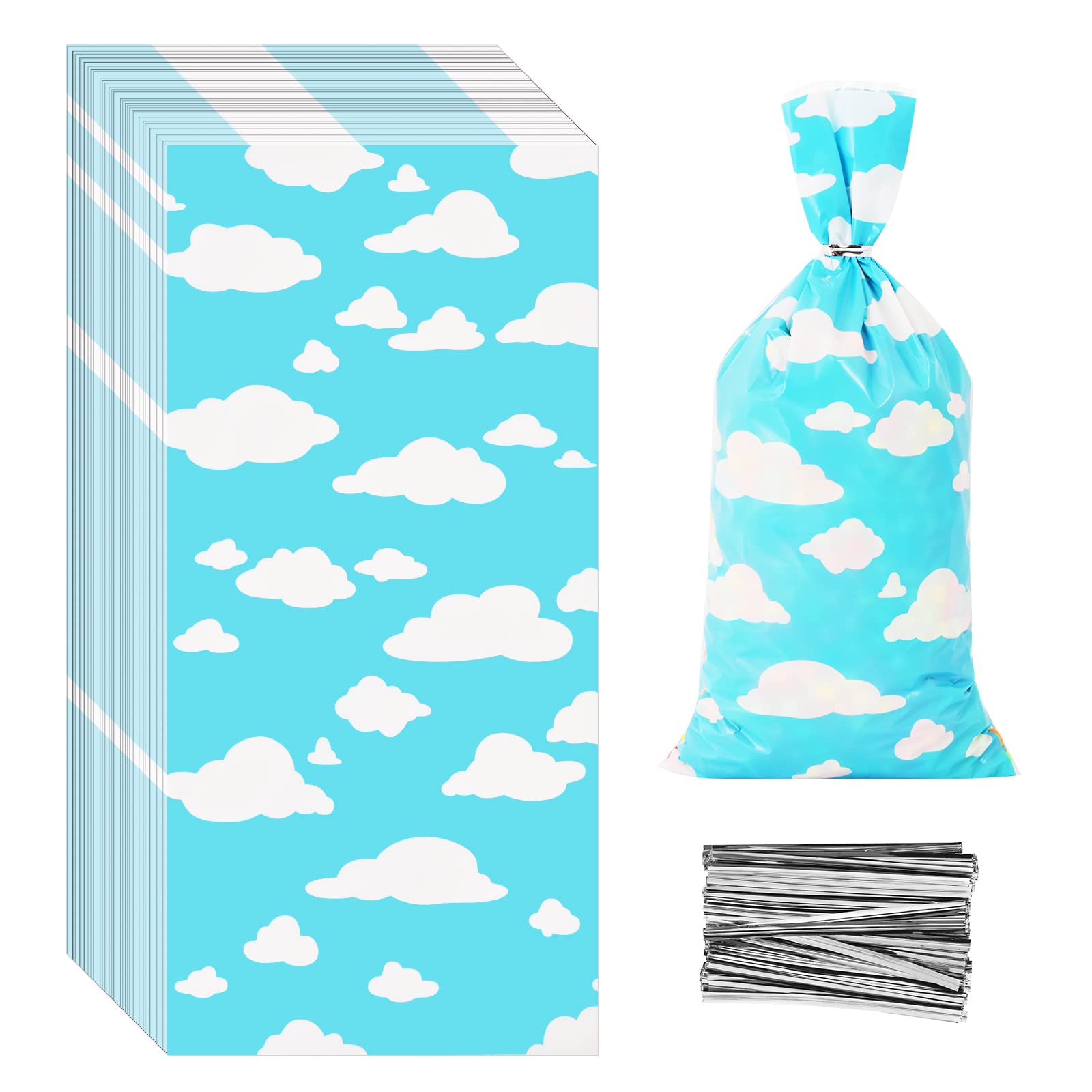 100 Pcs Blue Sky White Clouds Treat Bags White Clouds Print Cellophane Candy Bags Plastic Goodie Storage Bags Cartoon Story Party Favor Bags with Twist Ties for Birthday Party Baby Shower Supplies