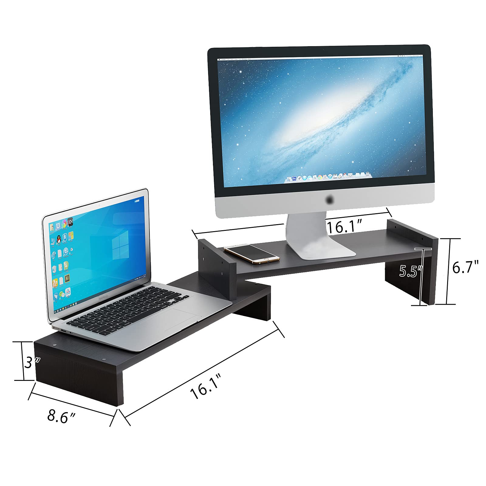 hodiczk Dual Monitor Stand Riser with Adjustable Length and Angle, Double Monitor Riser, Wood Desktop Storage Rack Organizer for Home Office living room, Black