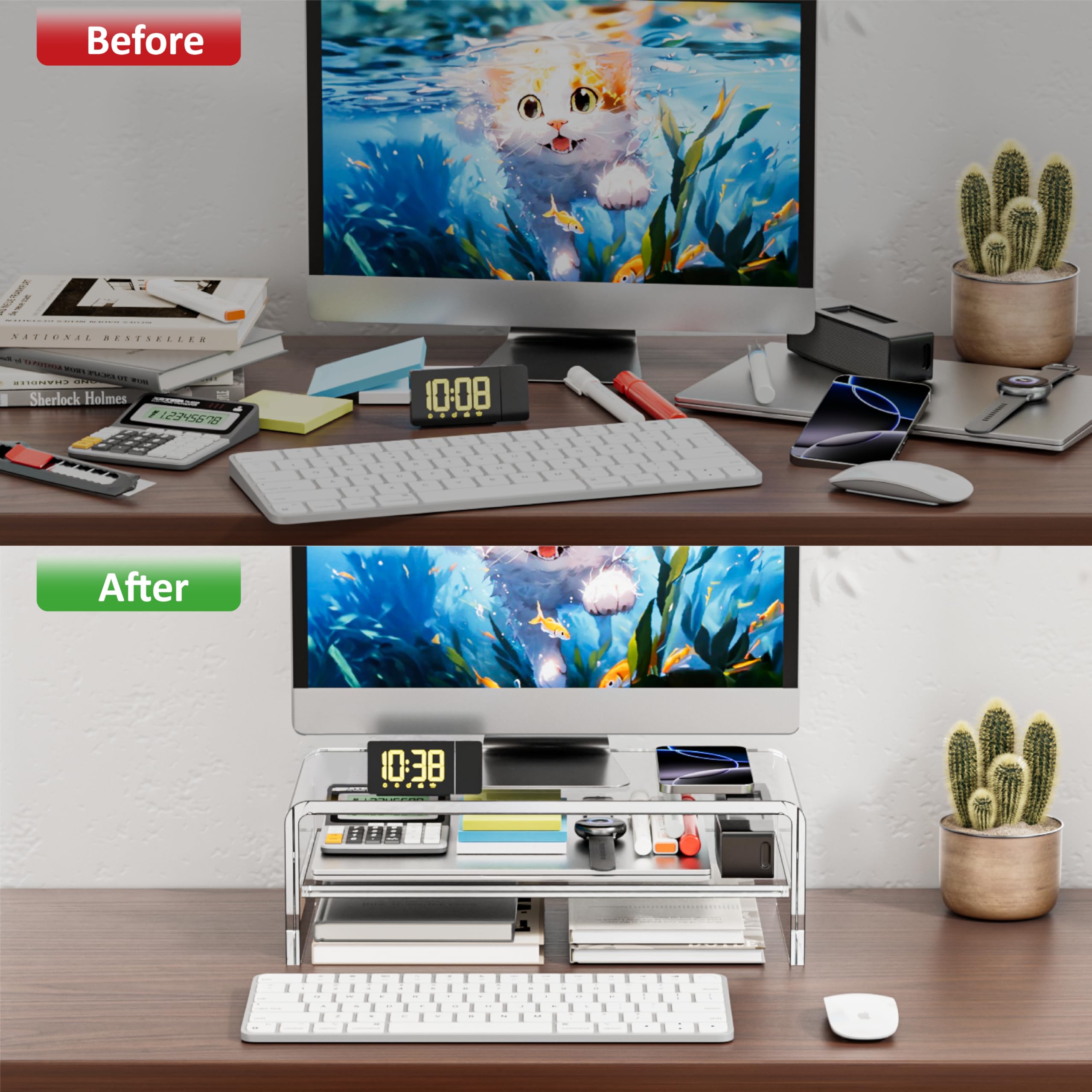 Egchi Clear Acrylic Monitor Stand Riser 2 Tier, 5.5 Inches High Clear Monitor Stand/Computer Desk Organizer Shelf for Multi Media Computer PC Storage Laptop