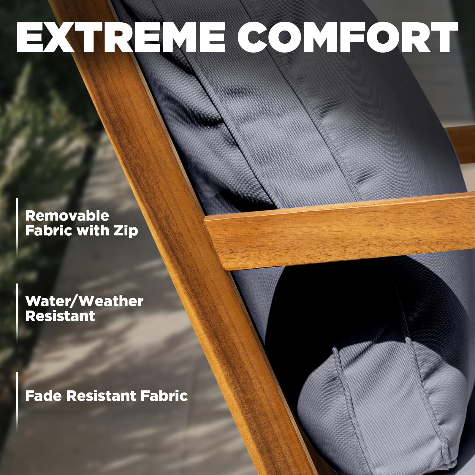 IDZO Heavy Duty Club Rocking Chairs 500lbs Capacity with Inclined Backrest, Thick Foam Cushion, Solid Acacia Wood Rocker for Patio, Backyard, Balcony, Porch, Grey