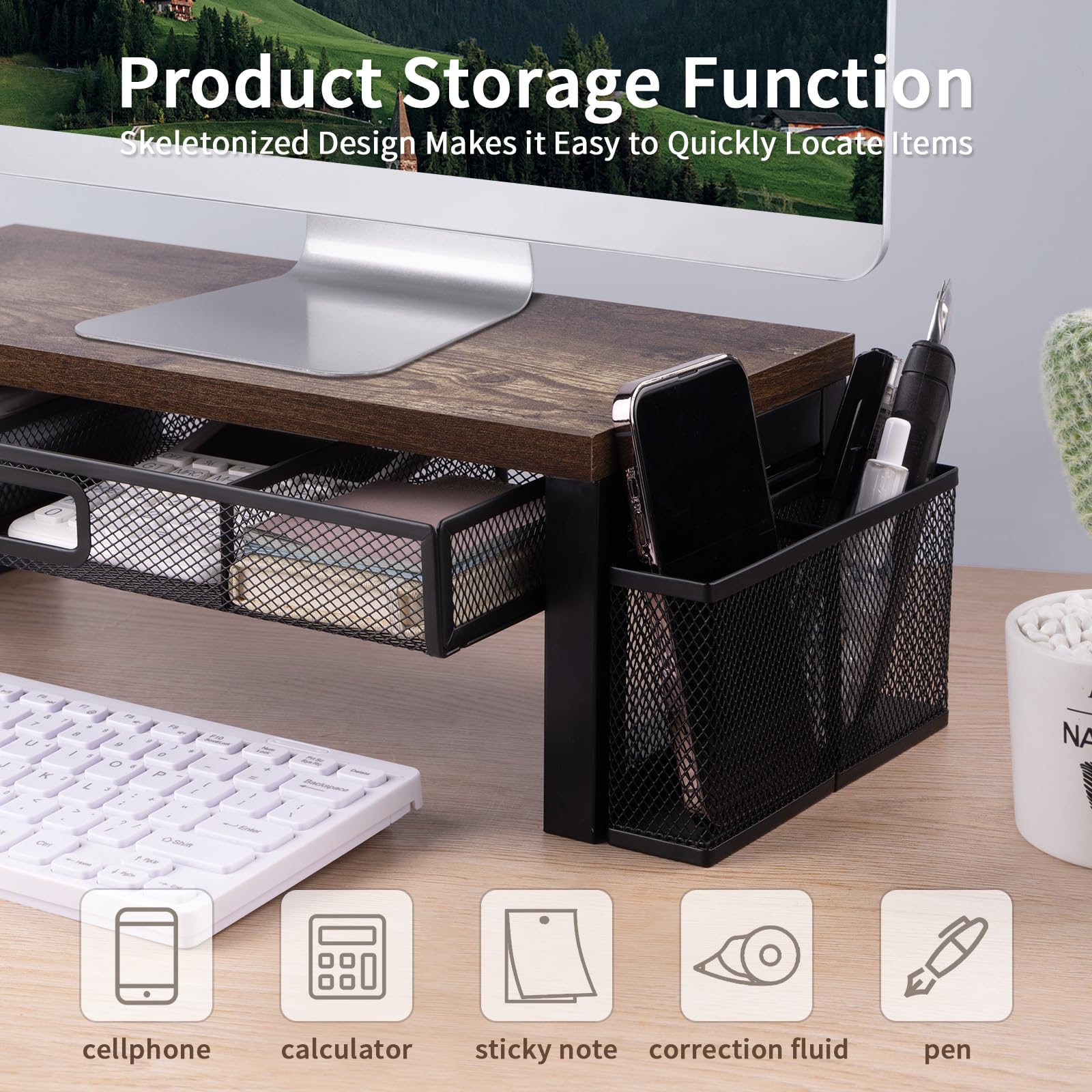 Joyask Computer Monitor Stand Riser for Desk 2 Tier Monitor Shelf for PC Screen Laptop Wooden Desktop Monitor Riser with Drawer Storage Multifunctional Computer Screen Stand Fits Home & Office
